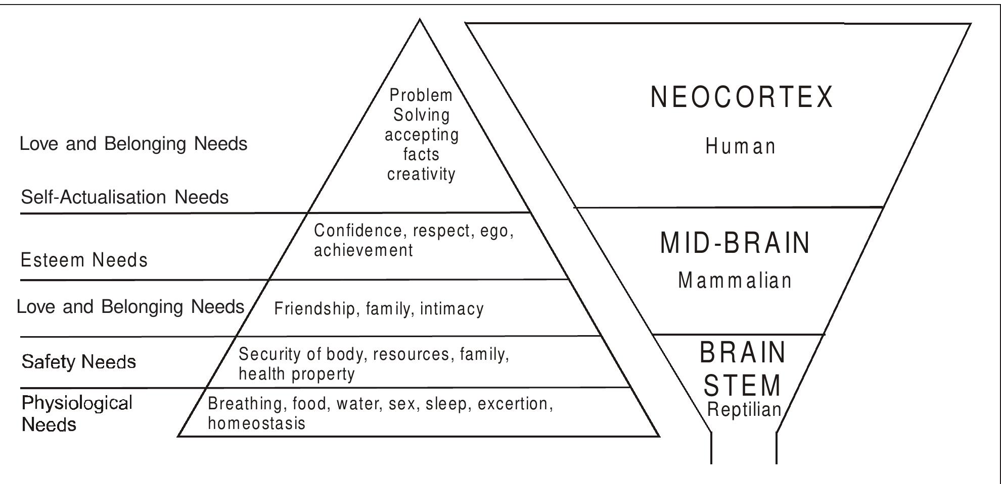 Maslow’s pyramid of hierarchy of human needs matched with a