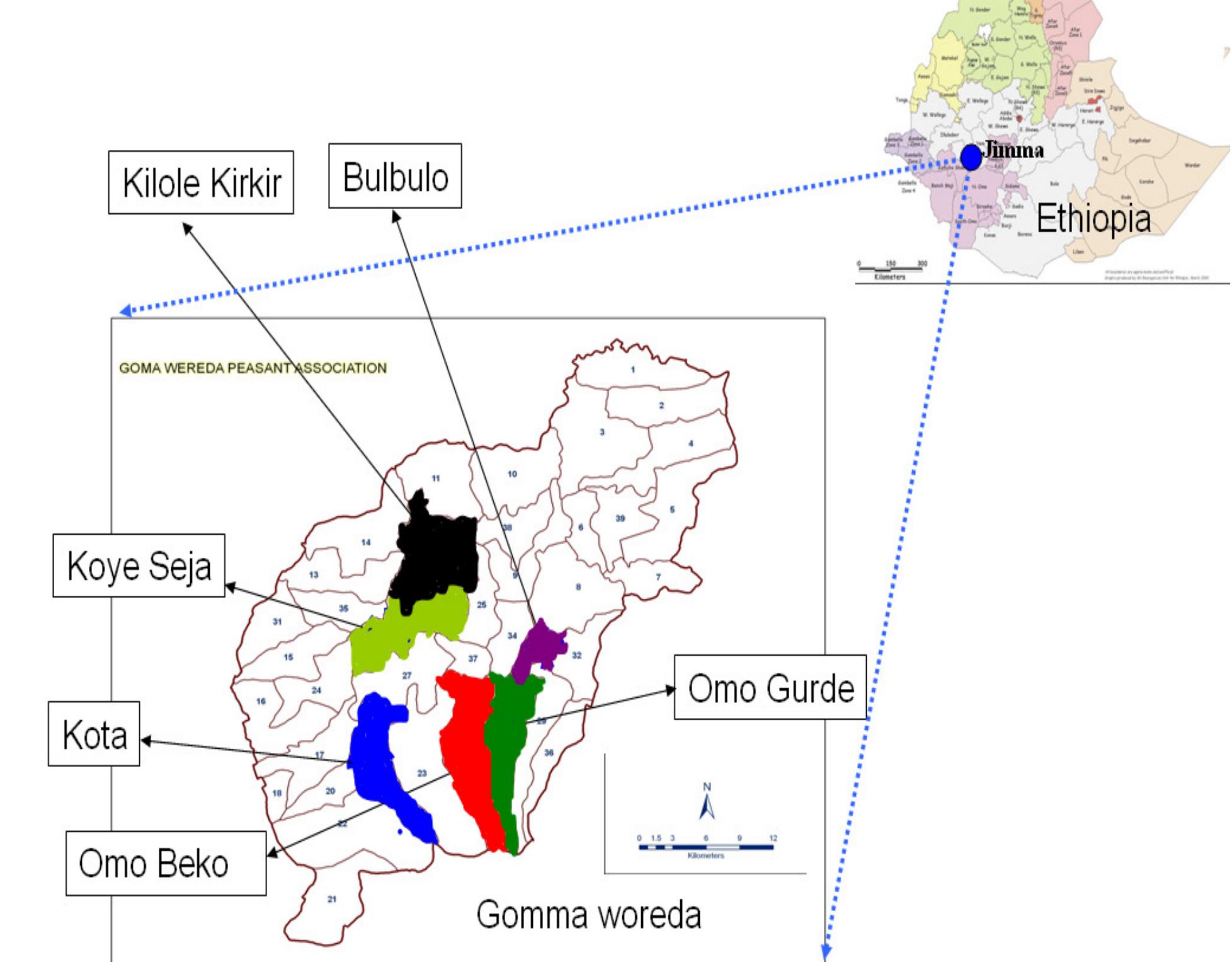 Map of gomma woreda with sampled pas. source: ipms (2007).