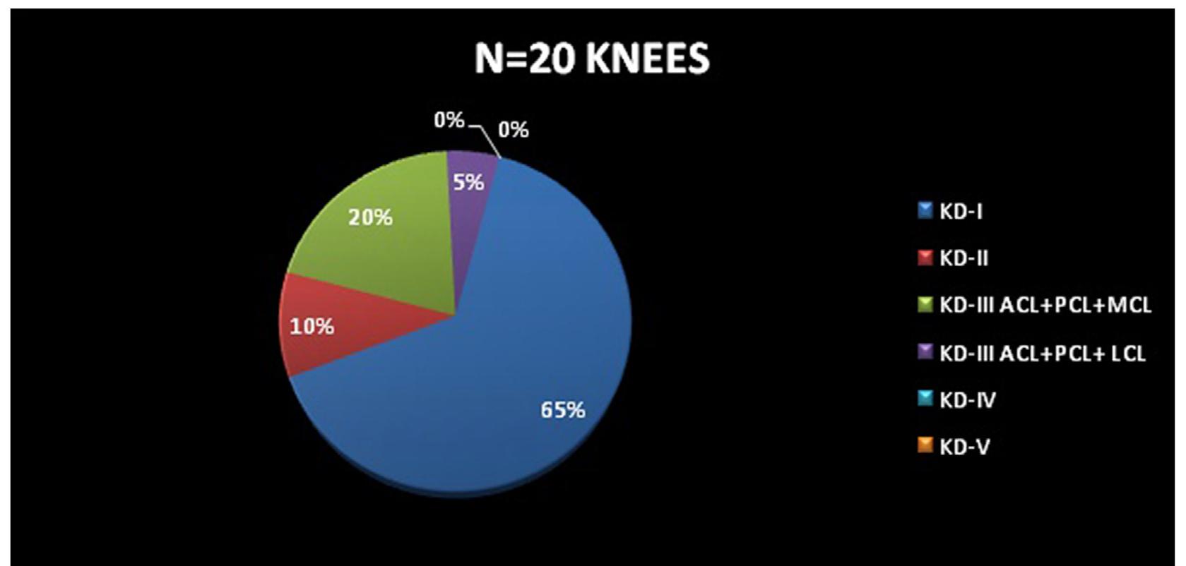 Pie graph showing patterns of ligament injury, kd = knee