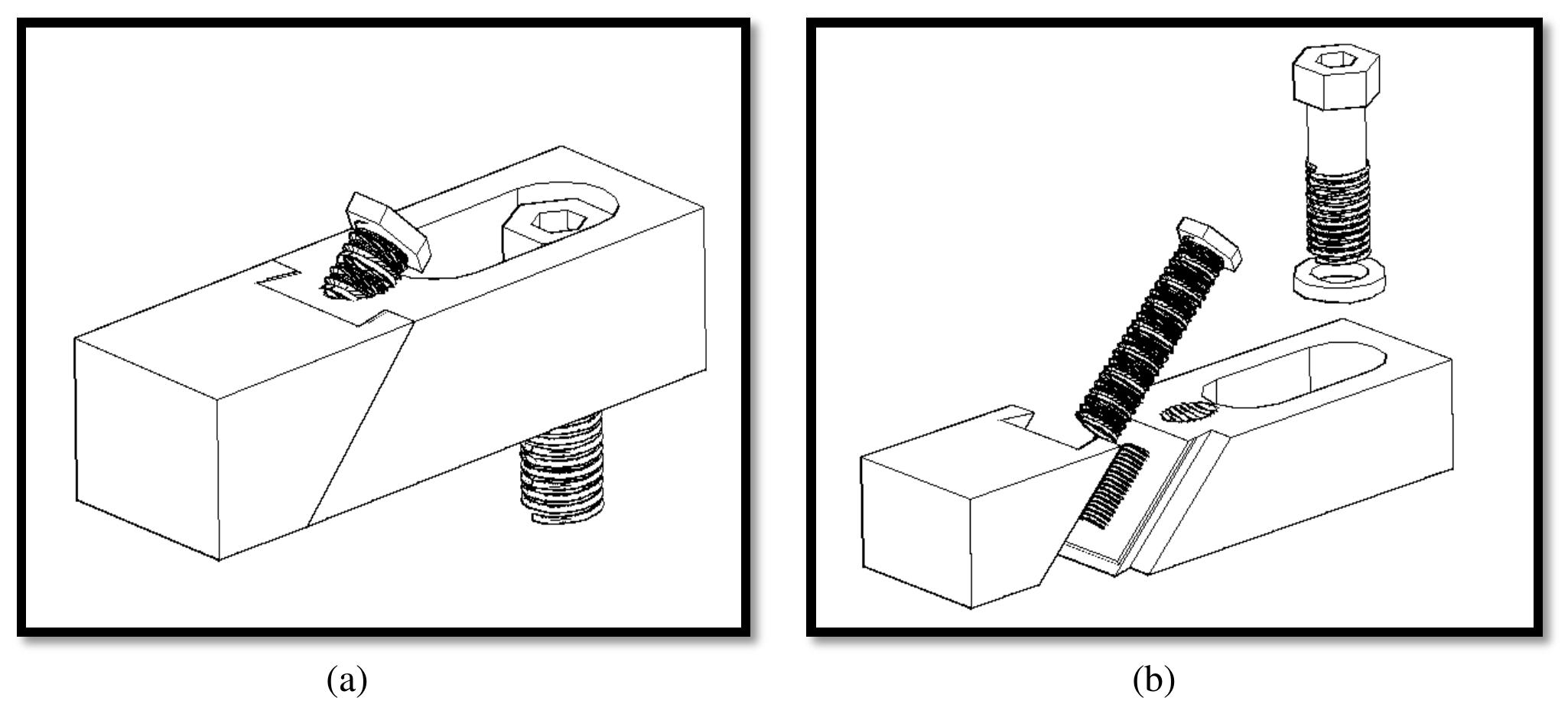 4: (a) clamp for rectangular workpiece. (b) exploded view of