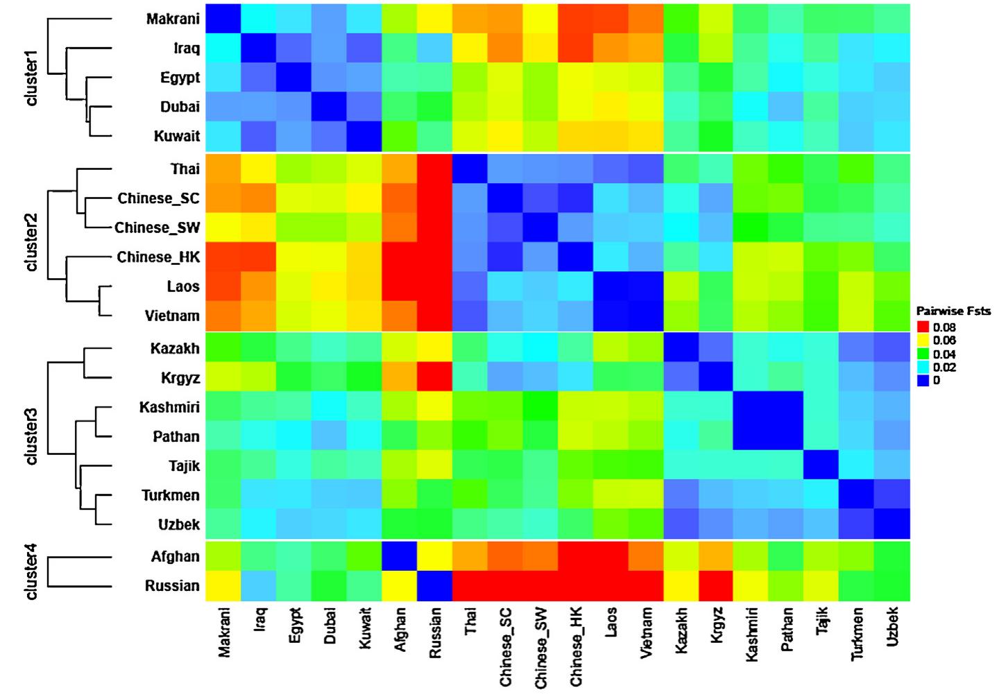 Heatmap matrix of pairwise fst values for 20 populations