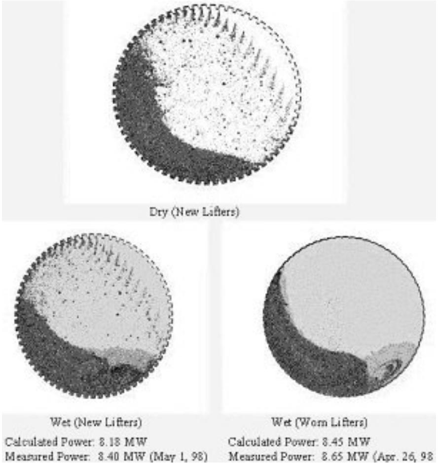 Snapshots of ball, particle and slurry motion for dry and