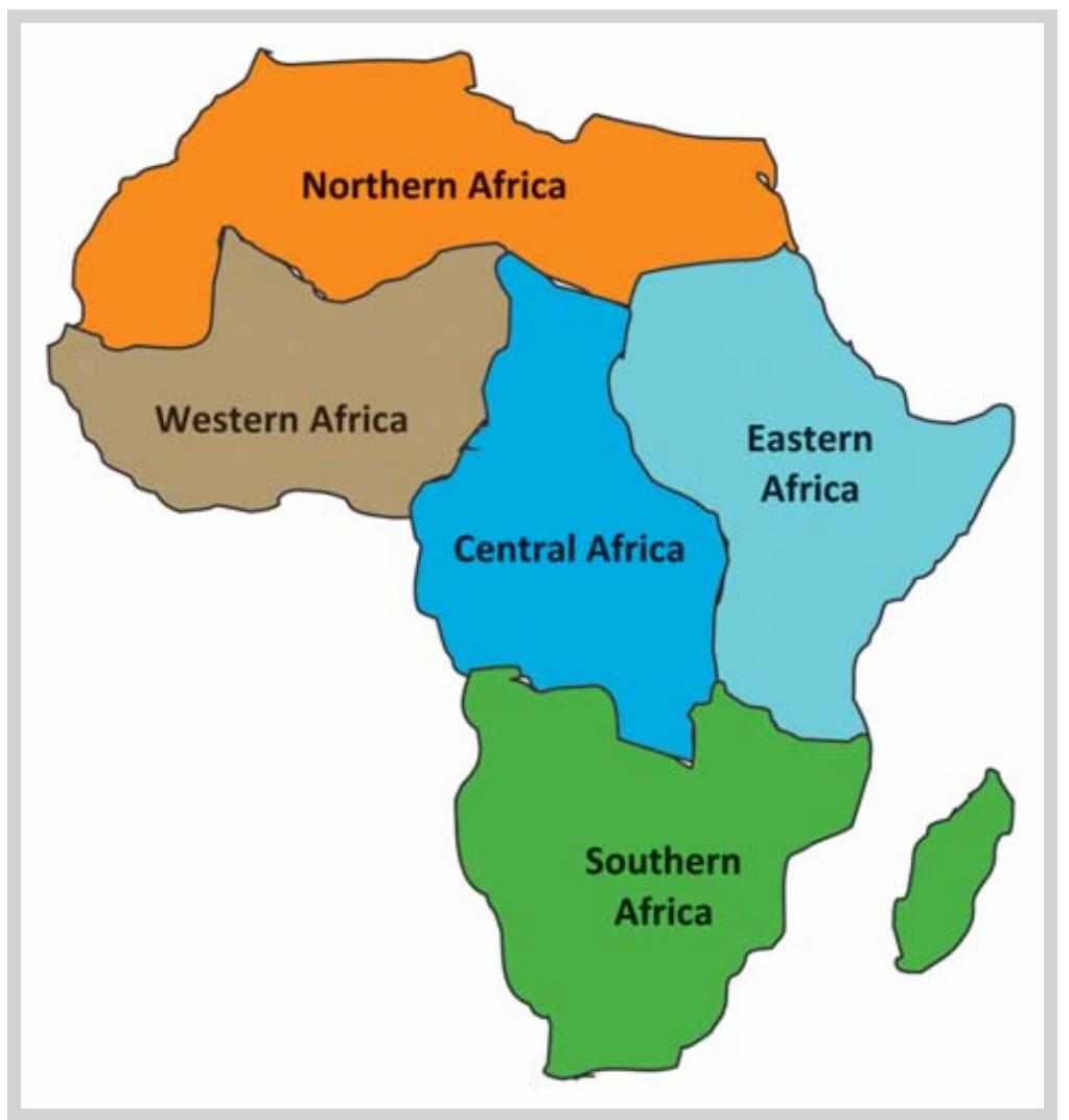 Map of africa showing the different subregions. (color