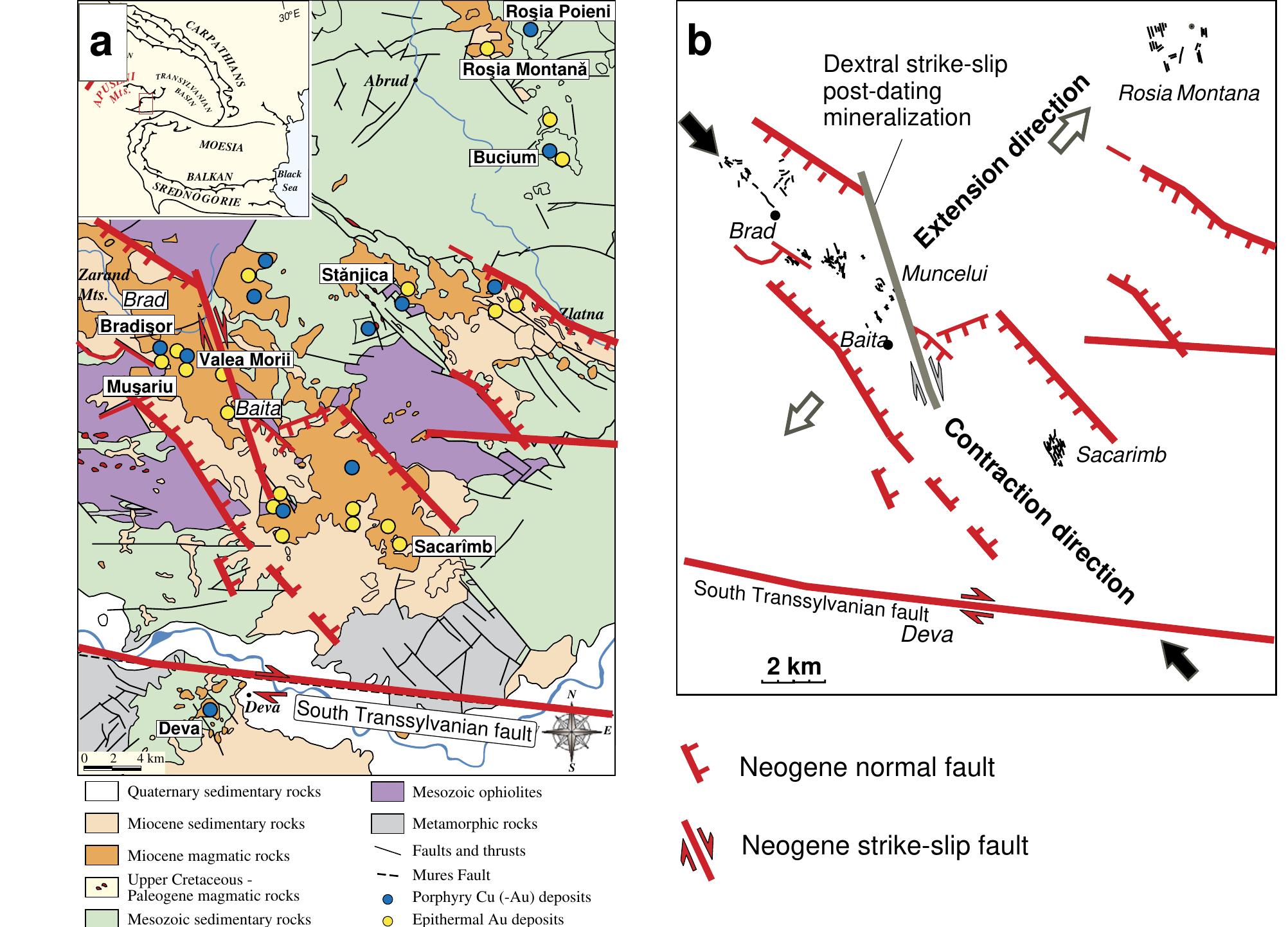 A—detailed map of neogene structures and magmatic rocks in