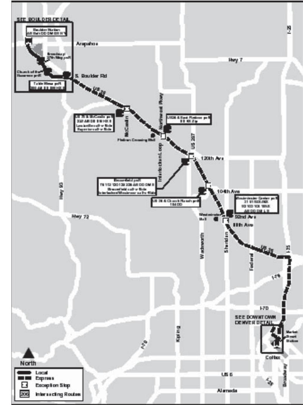 Map of the boulder regional, routes b and bx.
