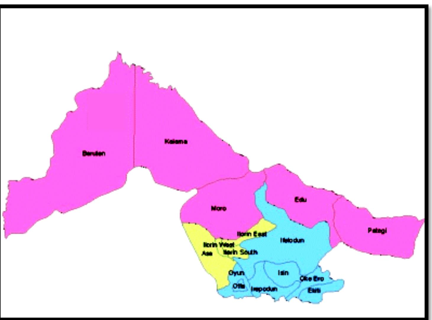 | map of kwara state showing where 16 local governments are