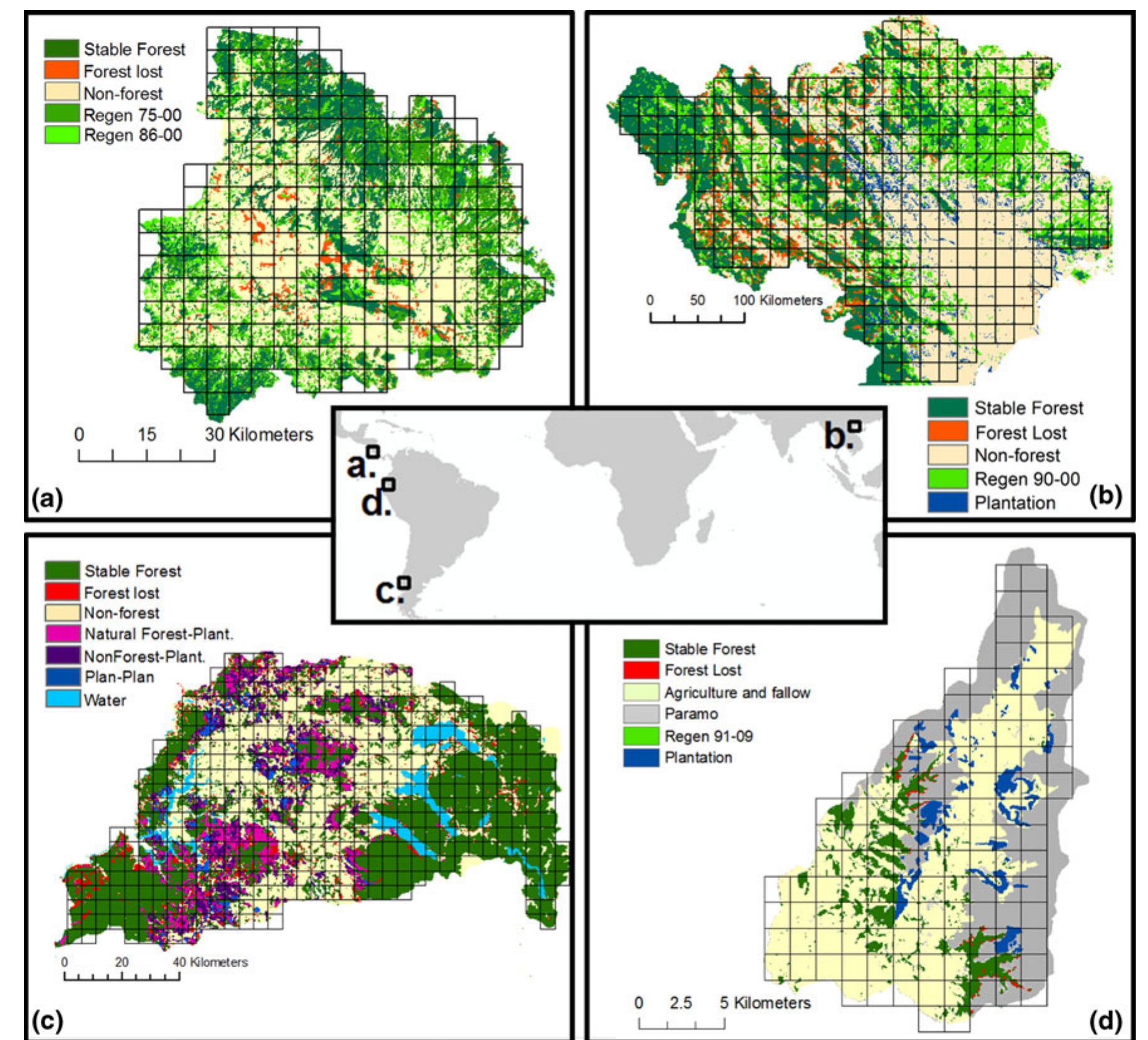 Maps of tree cover change for the four study regions: a