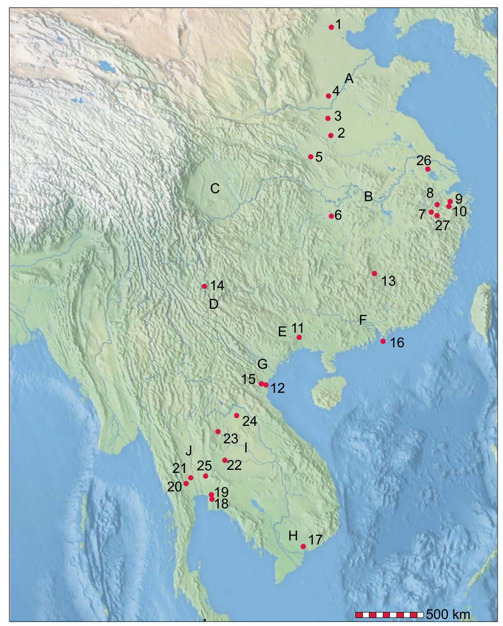 Map of east and southeast asia showing sites and lo- cations