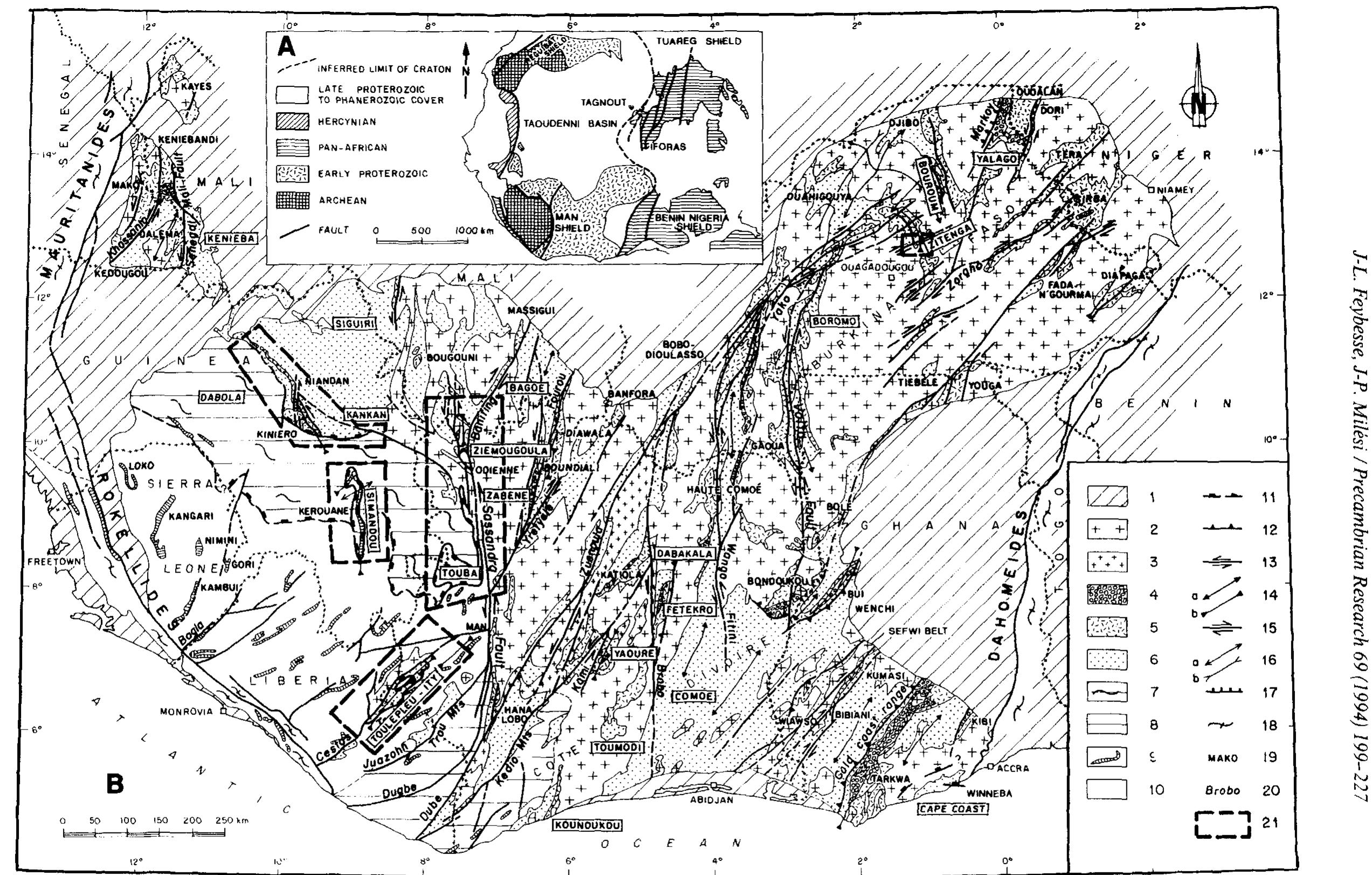 Location maps of the west african craton. (a) schematic map
