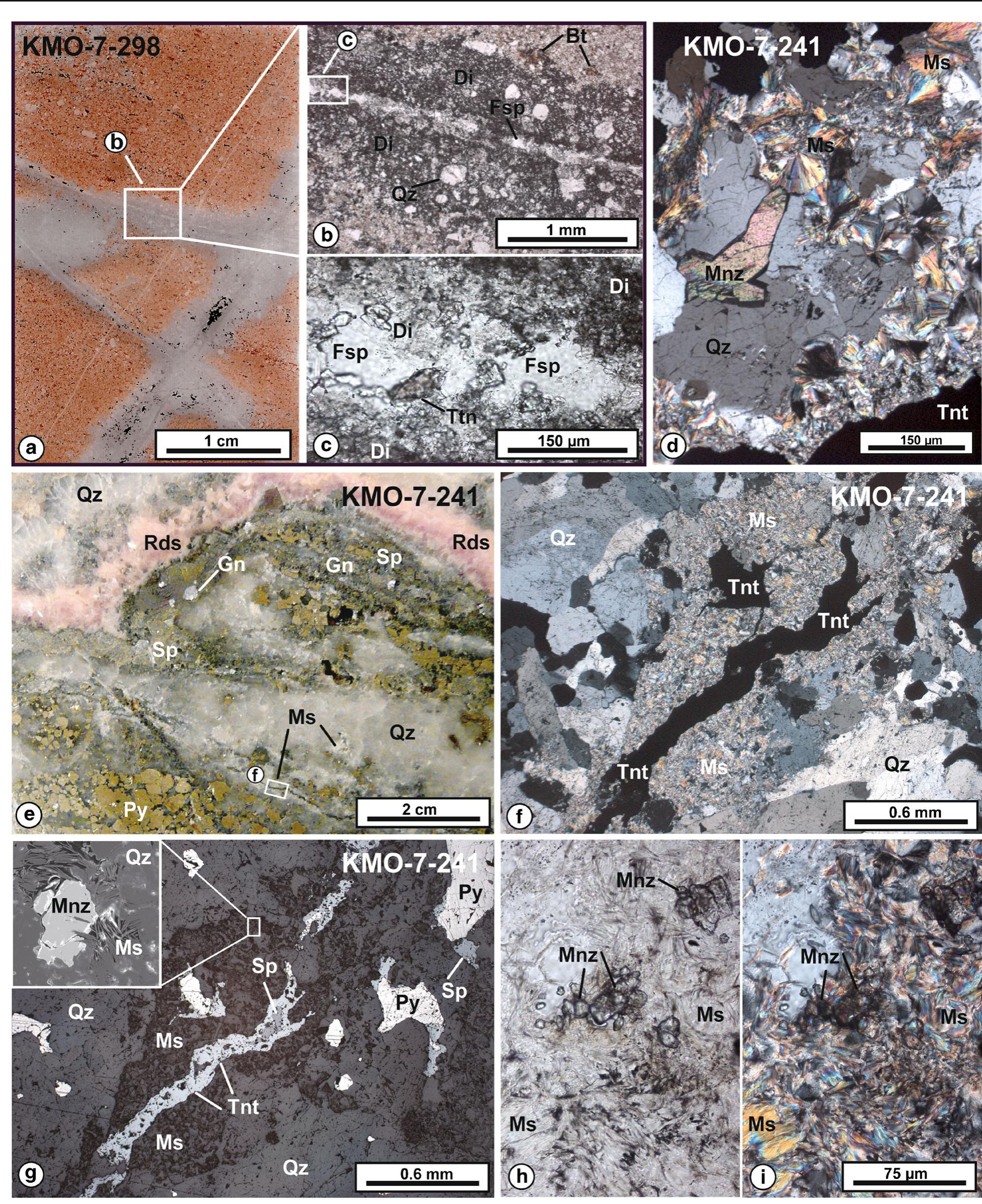 Photographs of rock slabs and thin section photomicrographs