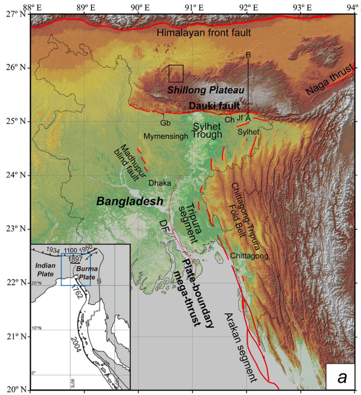 Maps showing tectonic plate boundaries close to bangladesh