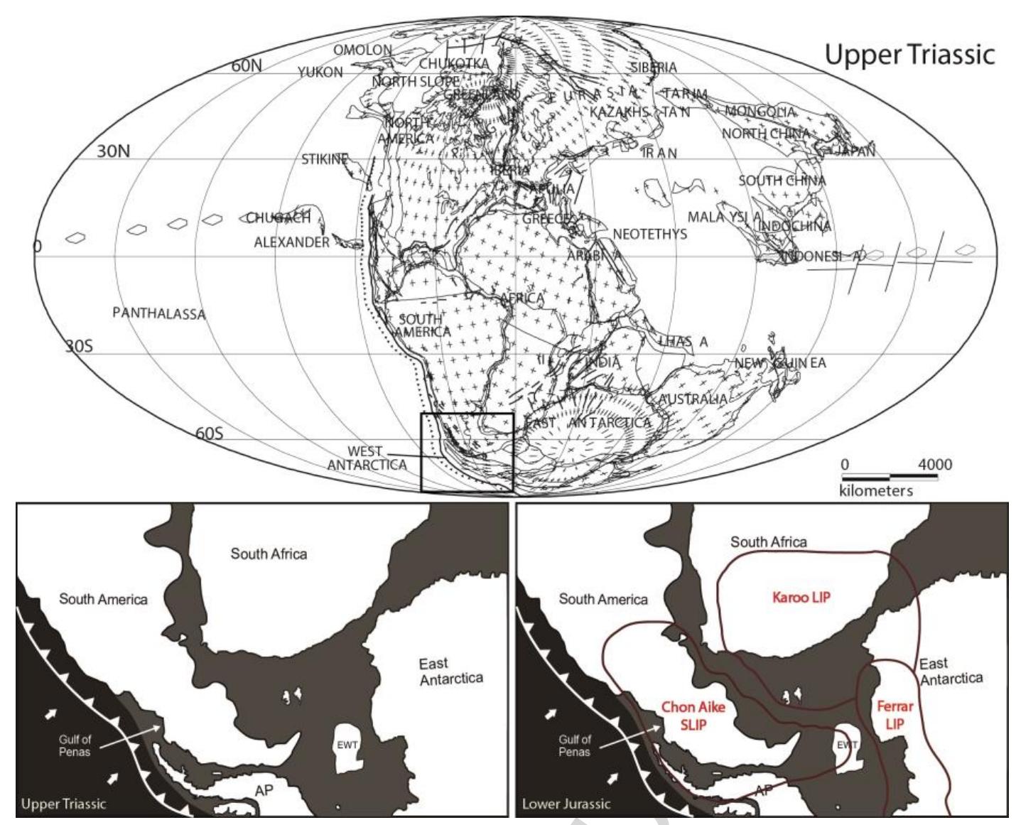 Above: upper triassic paleogeographic reconstruction of late