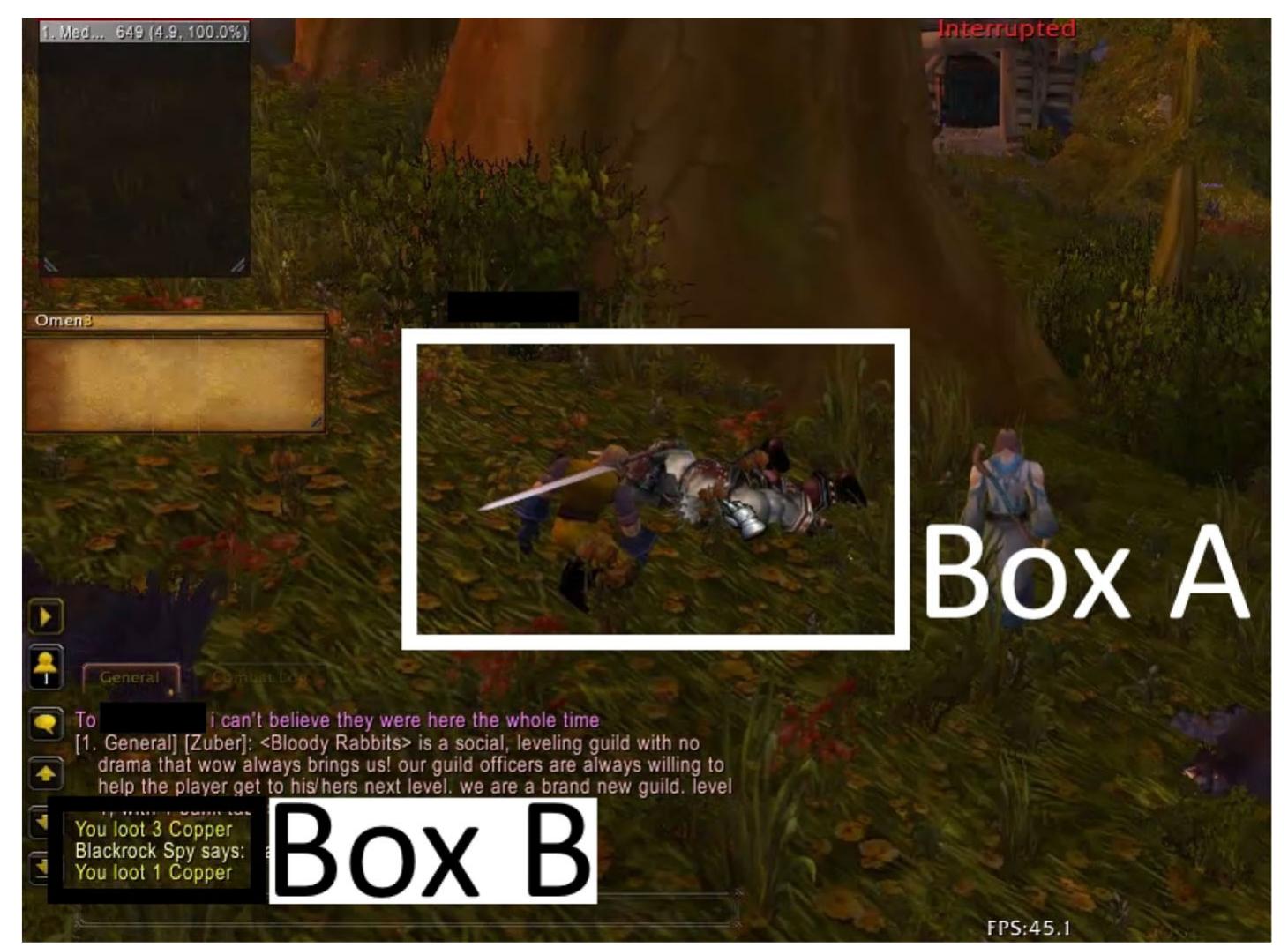 Box a shows conan looting; box b shows where the word “loot”