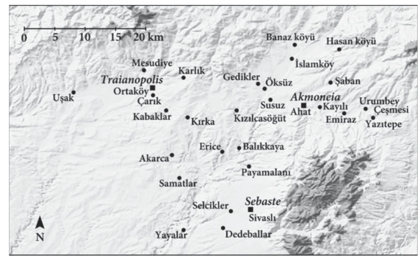 Map of sebaste and its vicinity (mama xi, p. xvi) in the