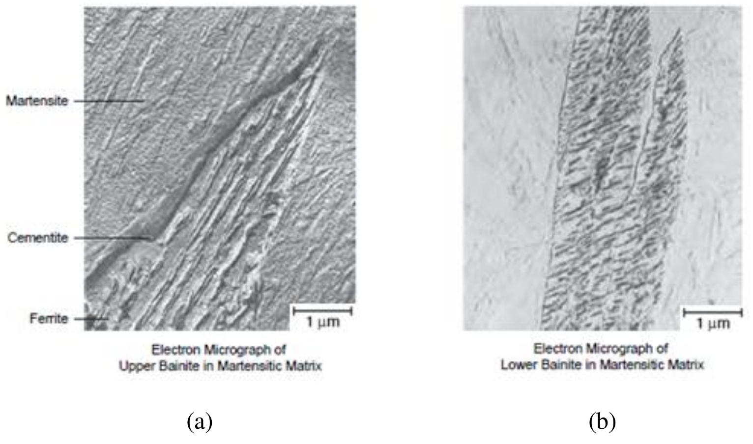 13. electron microscope images of (a) upper bainite and (b)