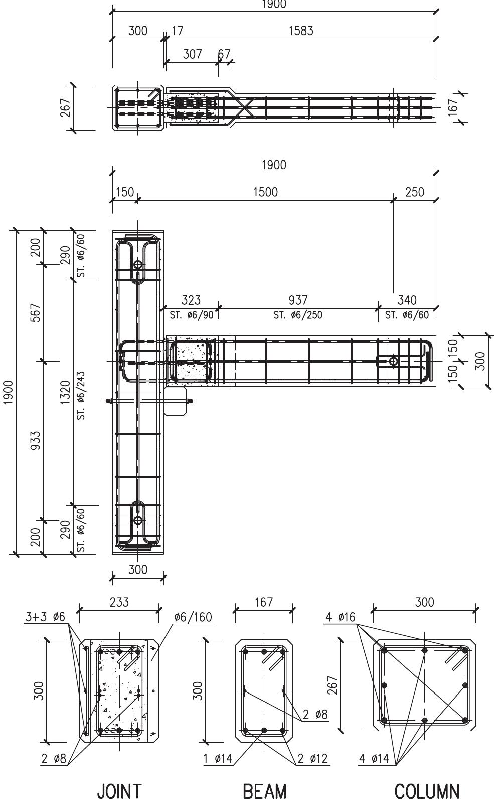 Geometrical dimensions (mm) and reinforcement layout of the