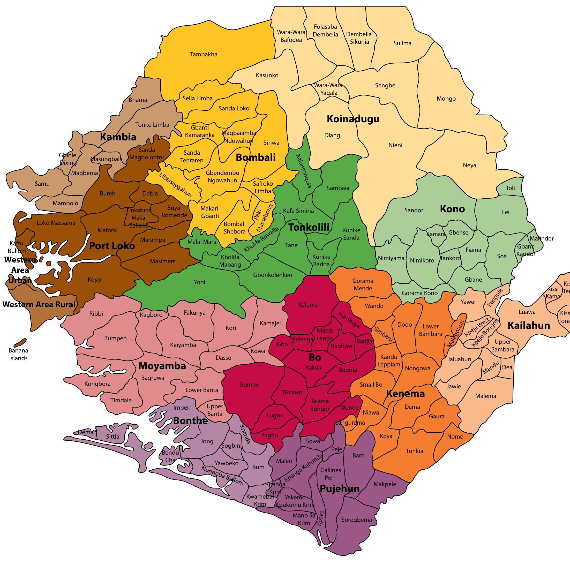 Political map of sierra leone with districts and chiefdoms
