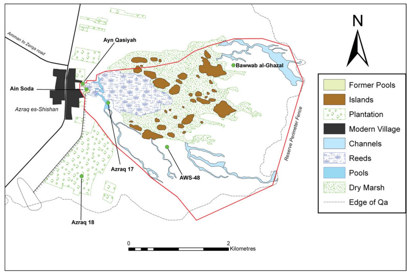 Map of the southern azraq marshlands showing the location of