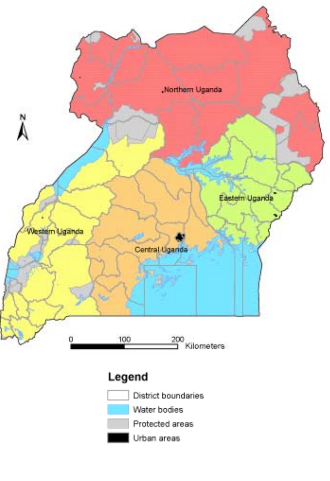 Map of the four primary regions of uganda.