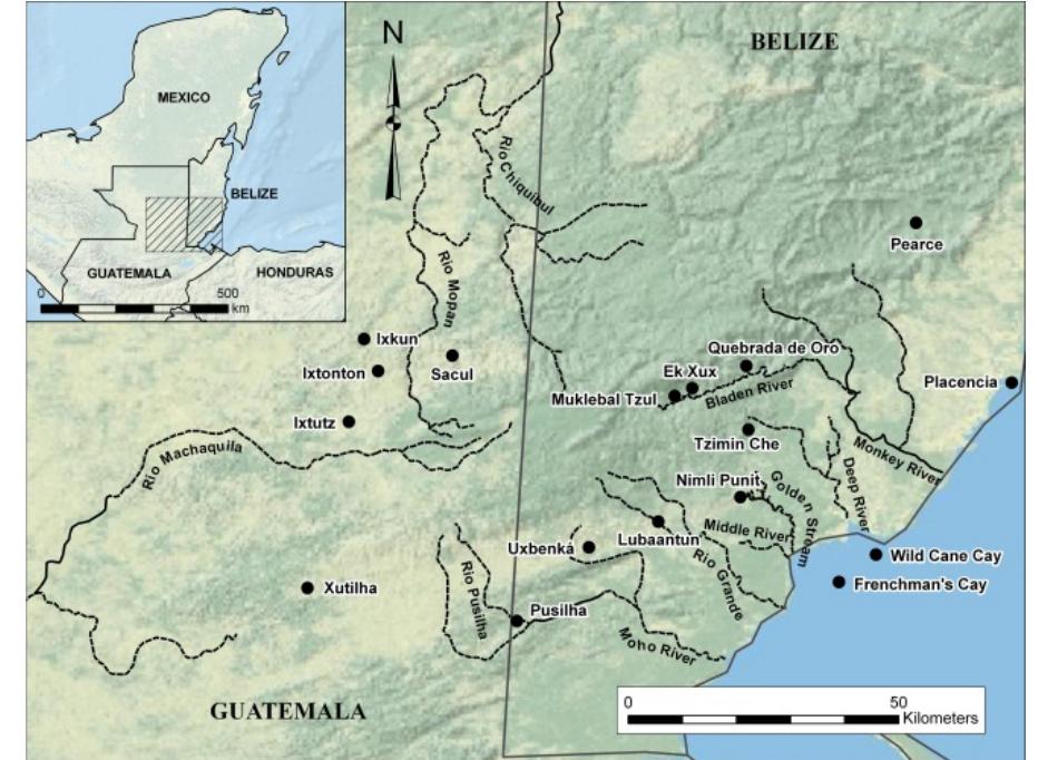 Map of significant sites and rivers in the southern belize