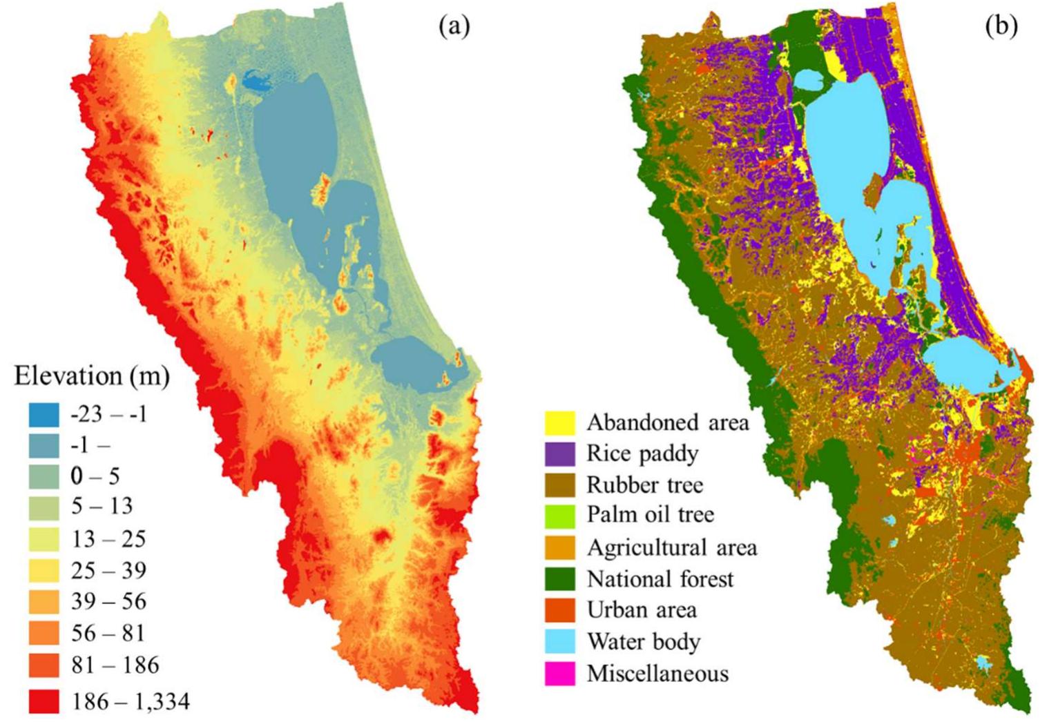 Maps of (a) elevation and (b) land use in songkhla lake