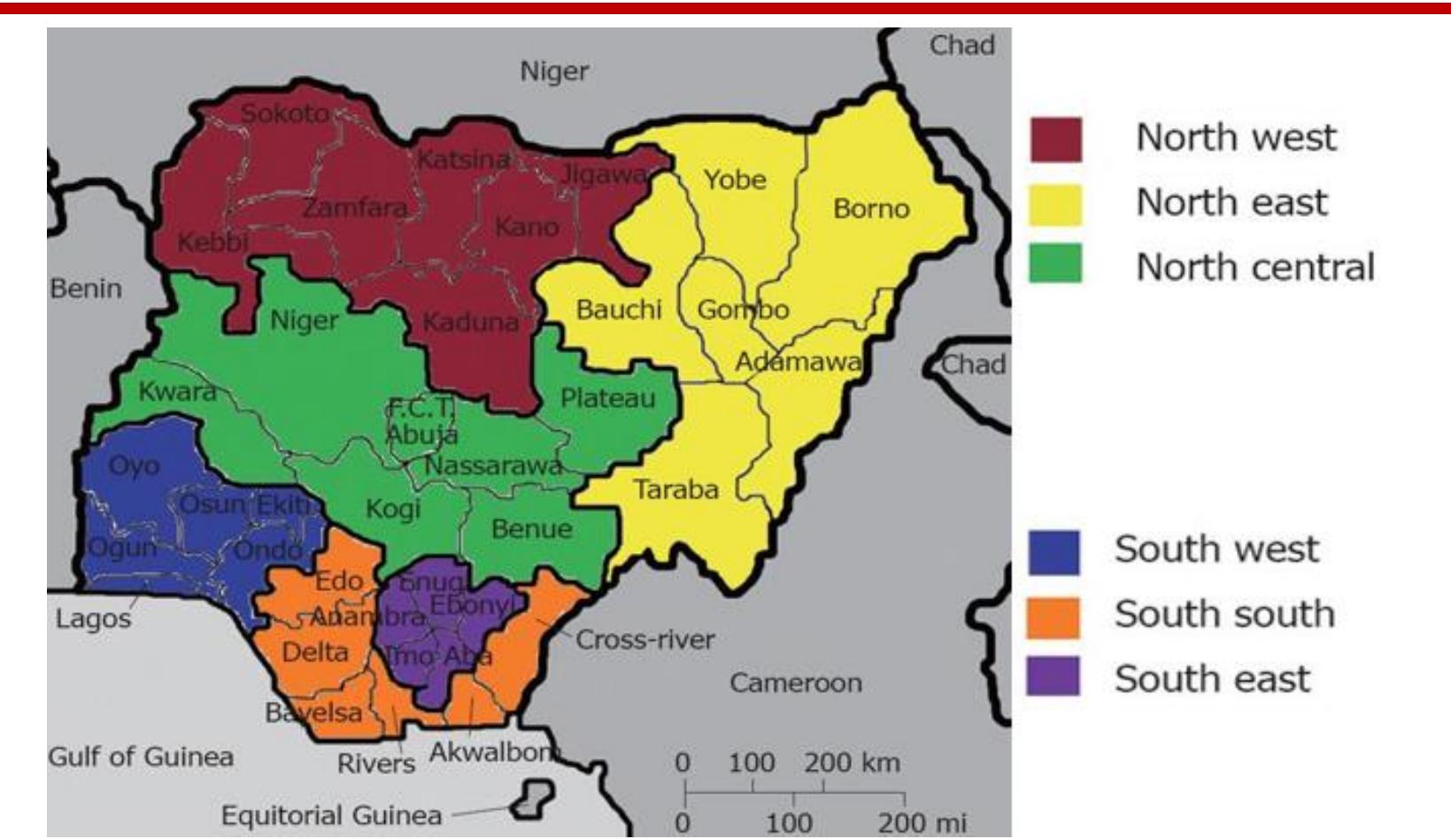 Map of nigerian 6 geopolitical zones, showing 36 states and