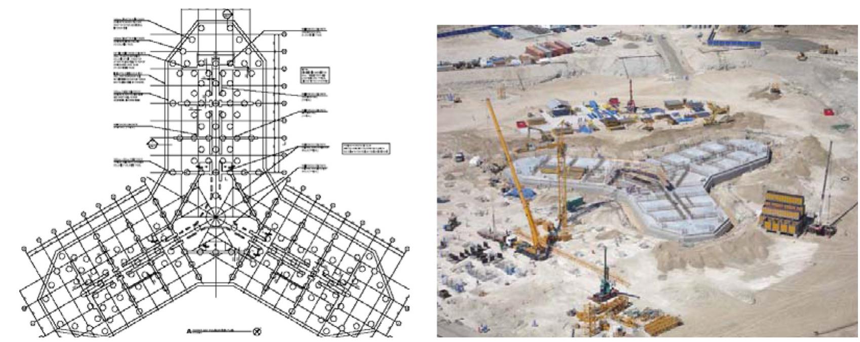 Tower raft foundation plan and photo of raft construction.
