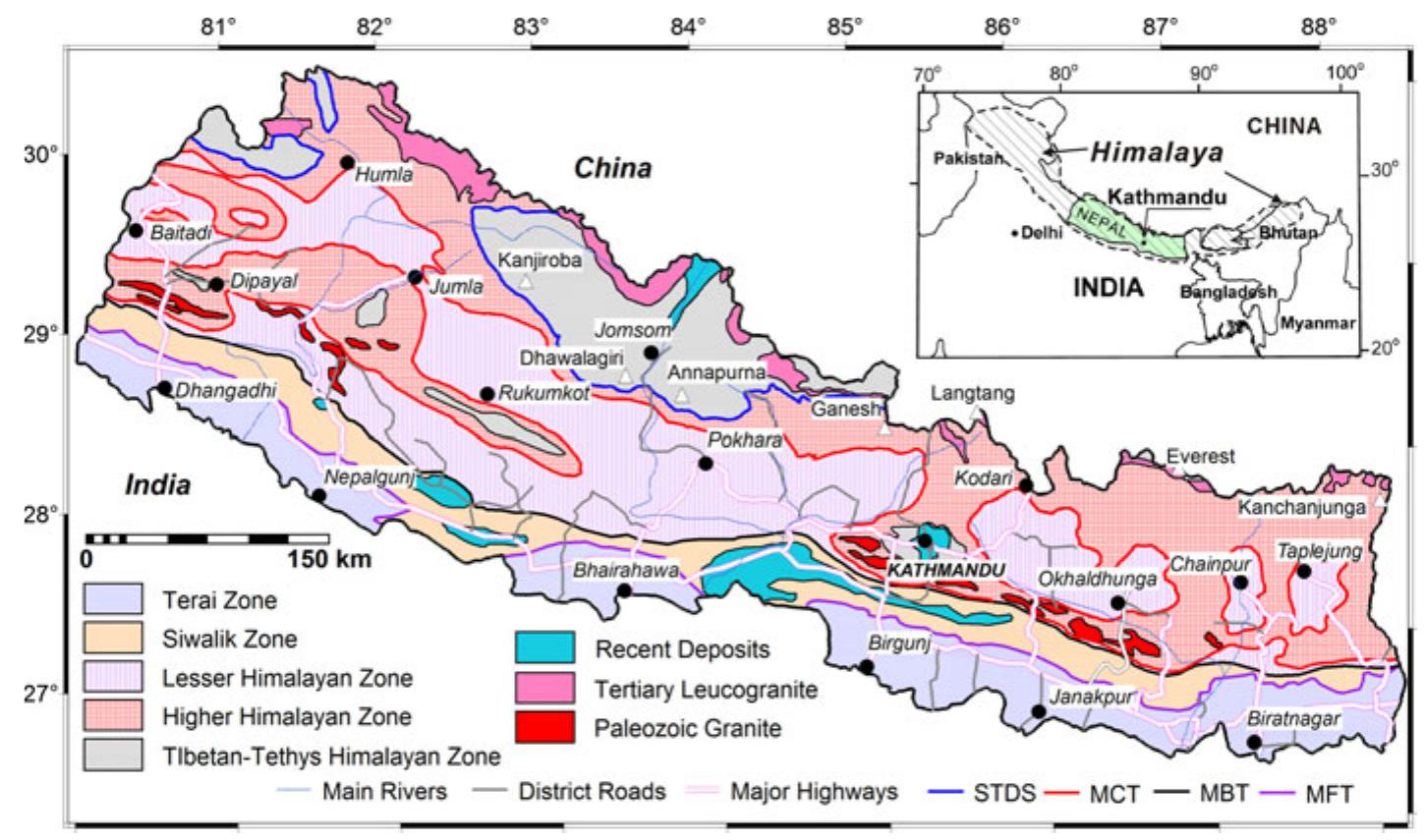 A generalized geological map of nepal with major thrust