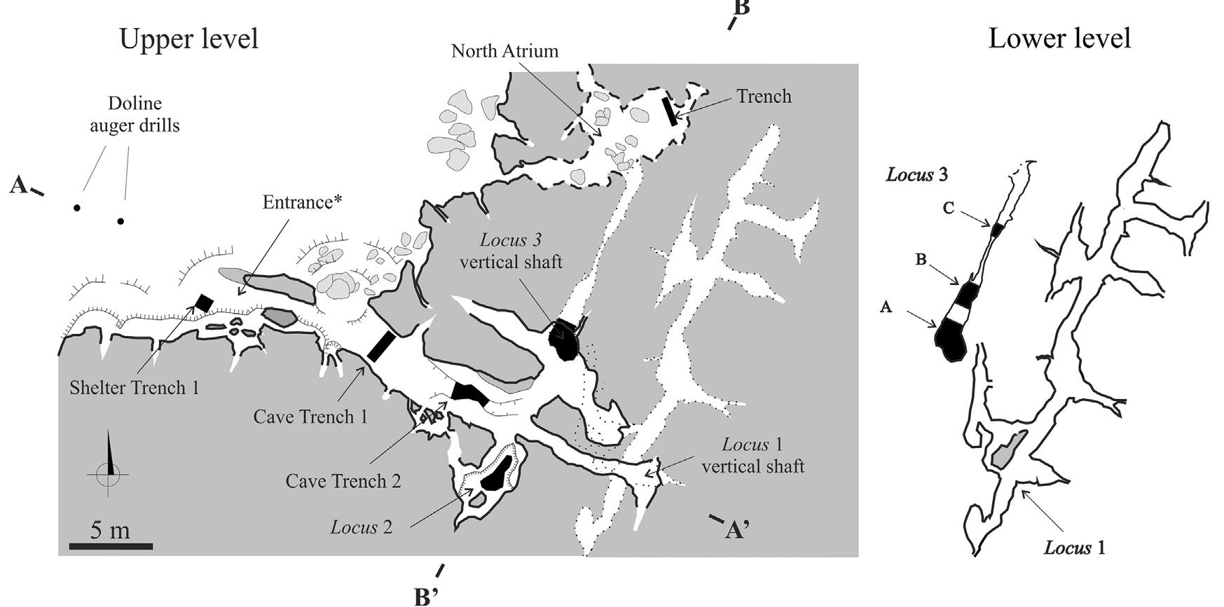 Cuvieri cave map showing the position of excavation sites