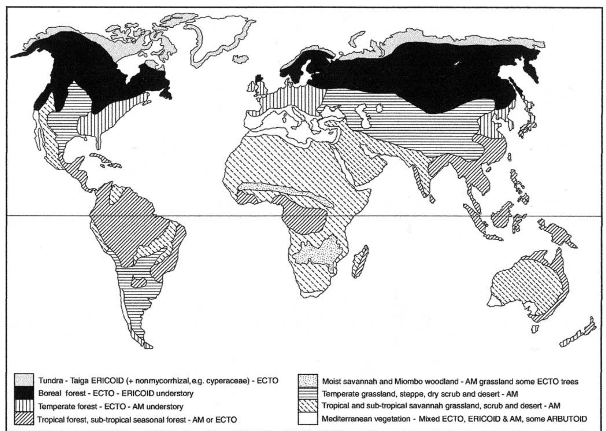 Map showing distribution of boreal forest (black) and