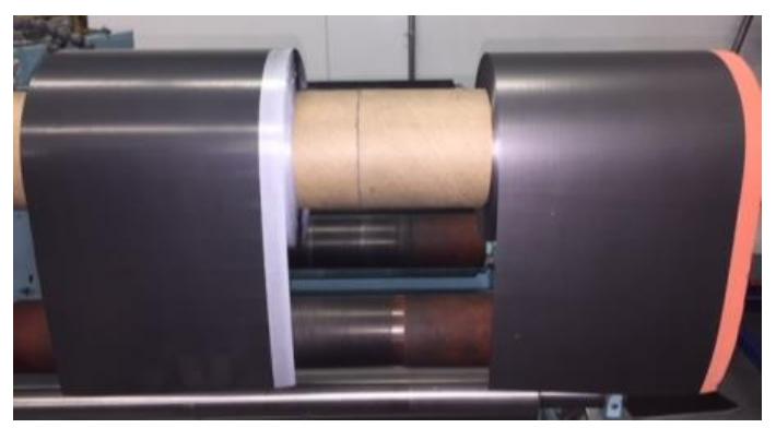 Dry battery electrode nmc roll (left) and graphite roll
