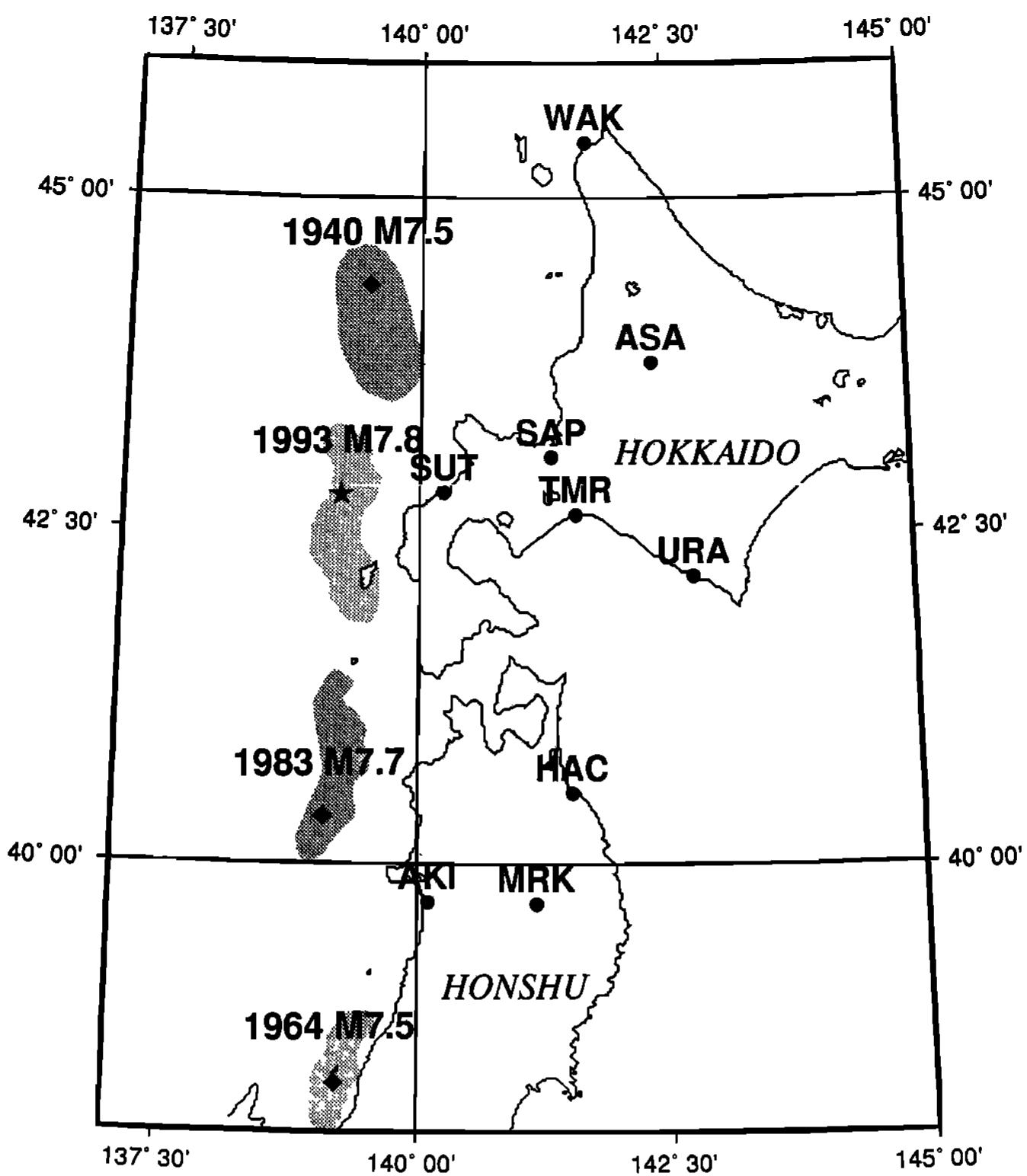 Geographic map showing the epicenter of the july 12, 1993,