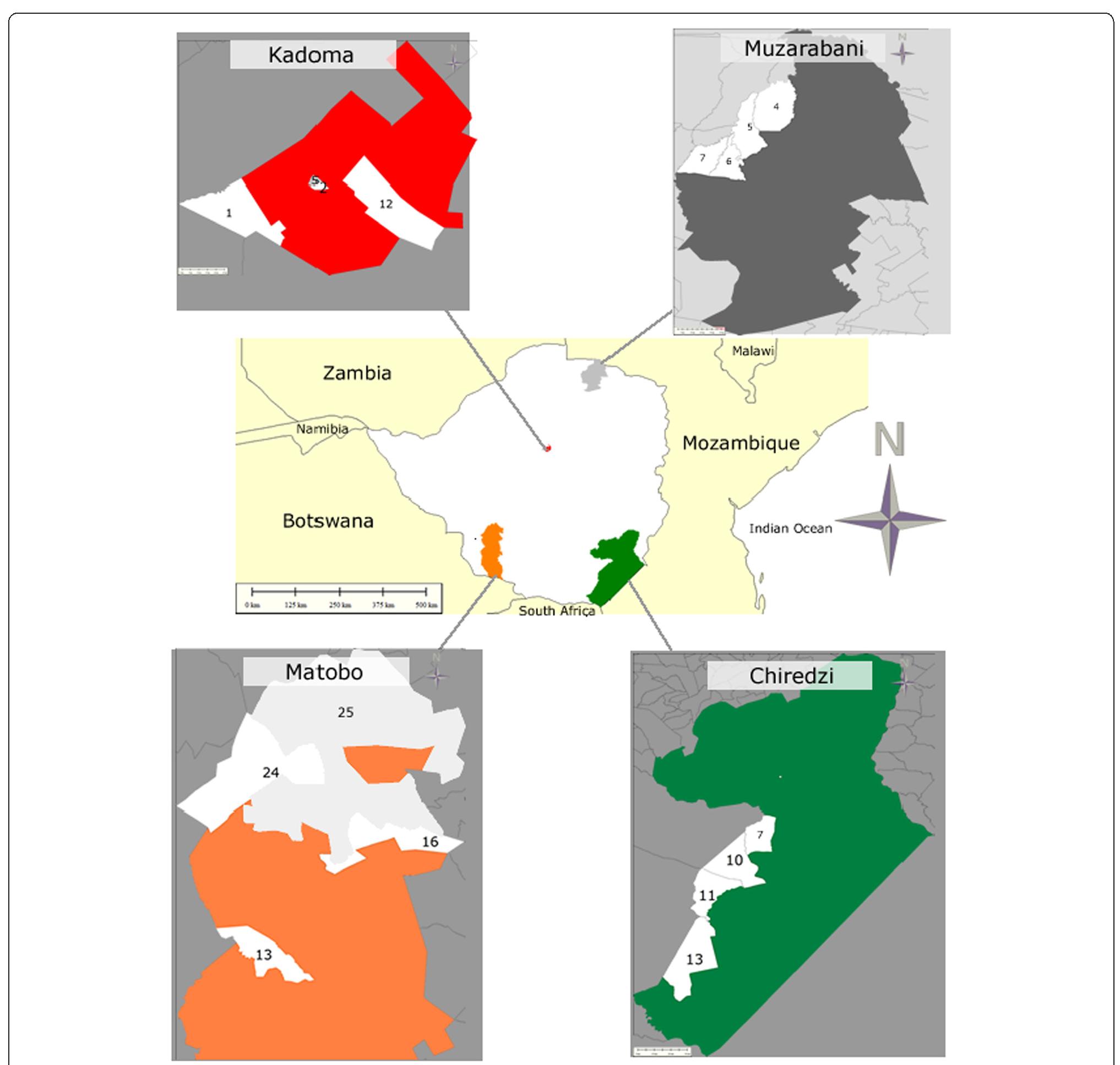 Map of zimbabwe showing the study sites. the numbers withing