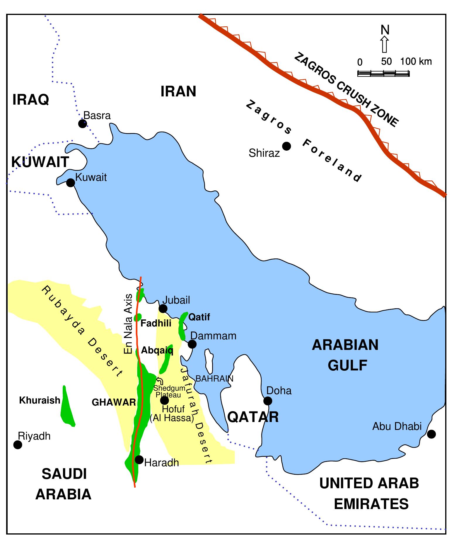Map showing the location of the ghawar oil field and zagros