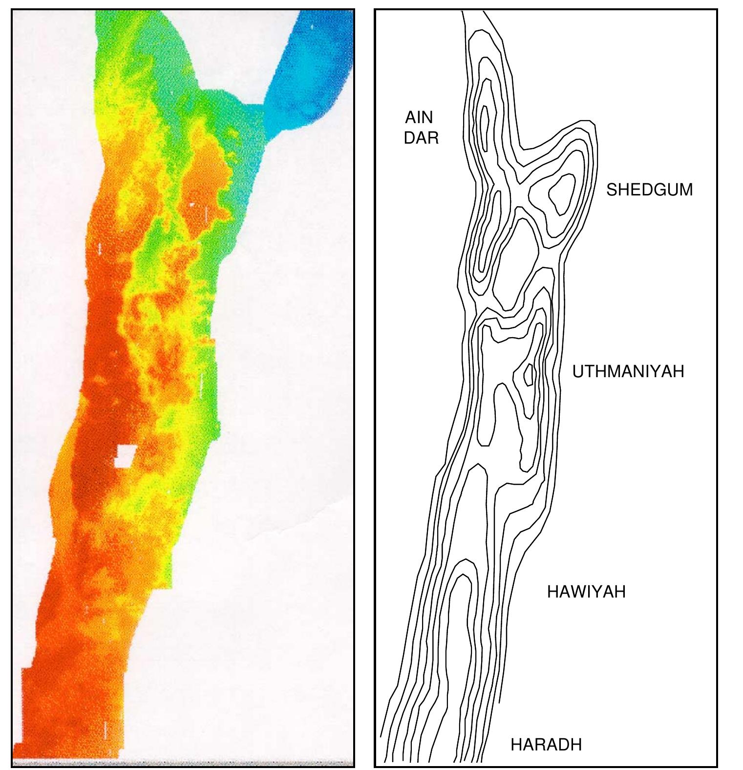 A topographic map (left) and a top arab-d structure map