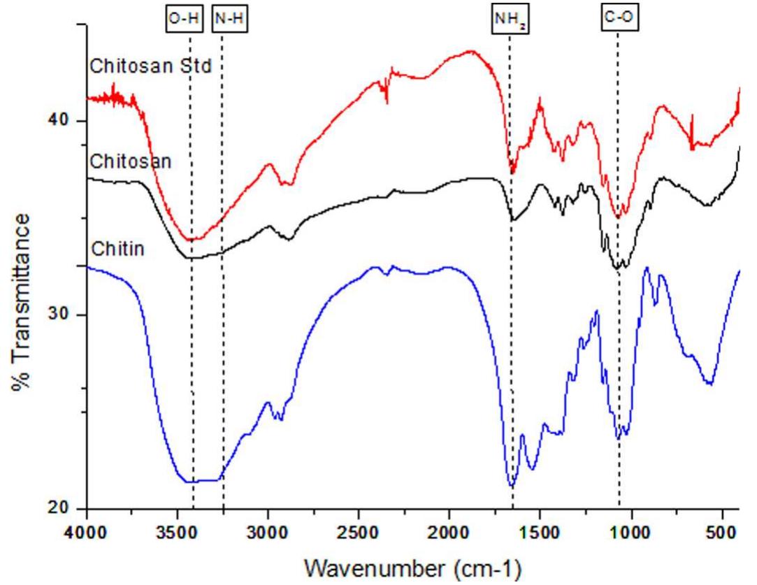 Overlay of ft-ir spectra of chitin, extracted chitosan and