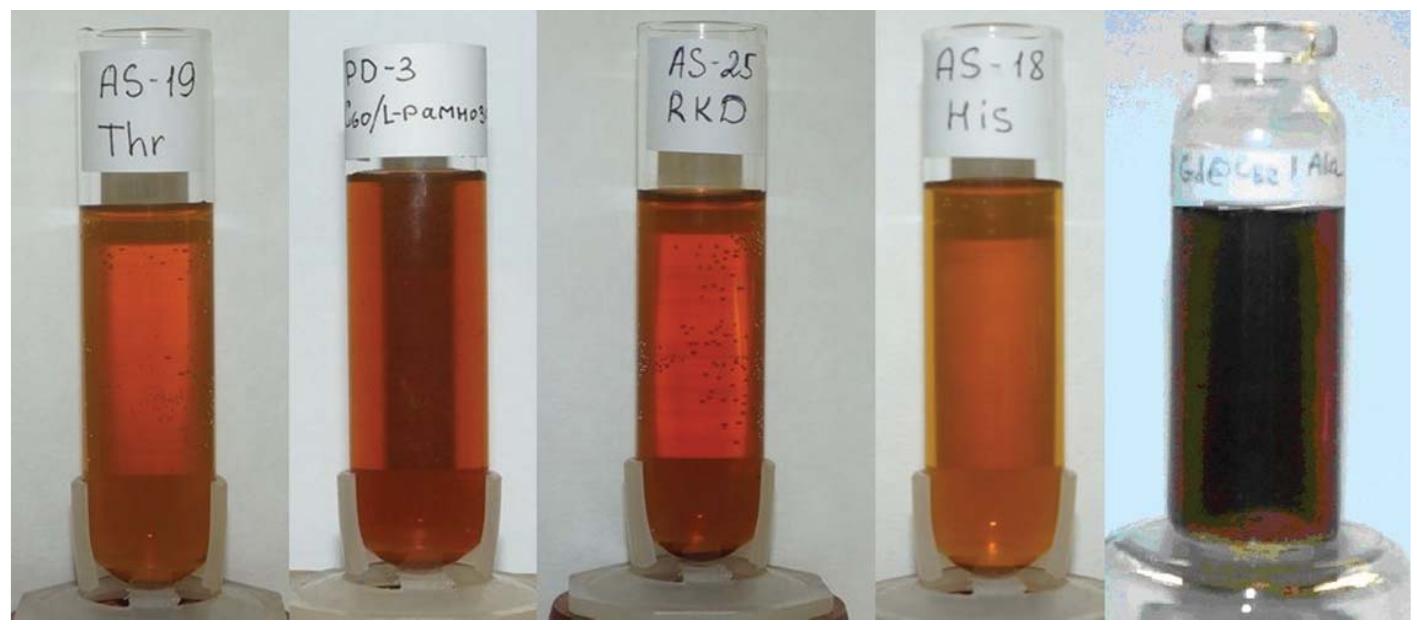 Aqueous fullerene dispersions (from left to right):