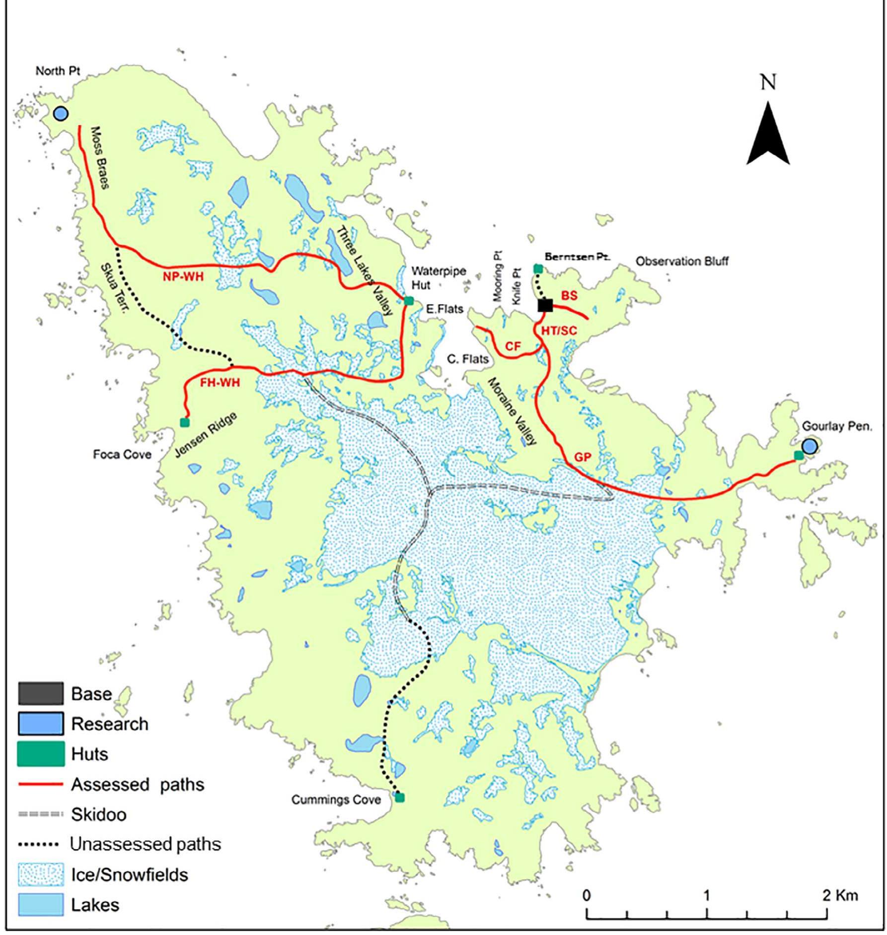 Map of survey routes across signy island, shown with regular