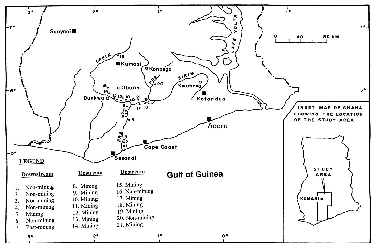 Map of the gold mining impacted southwestern ghana showing