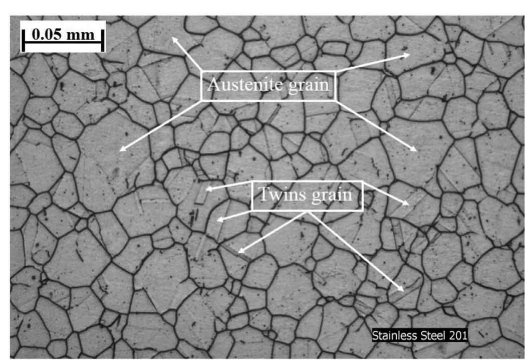 Optical micrograph showing the microstructure of sus 201