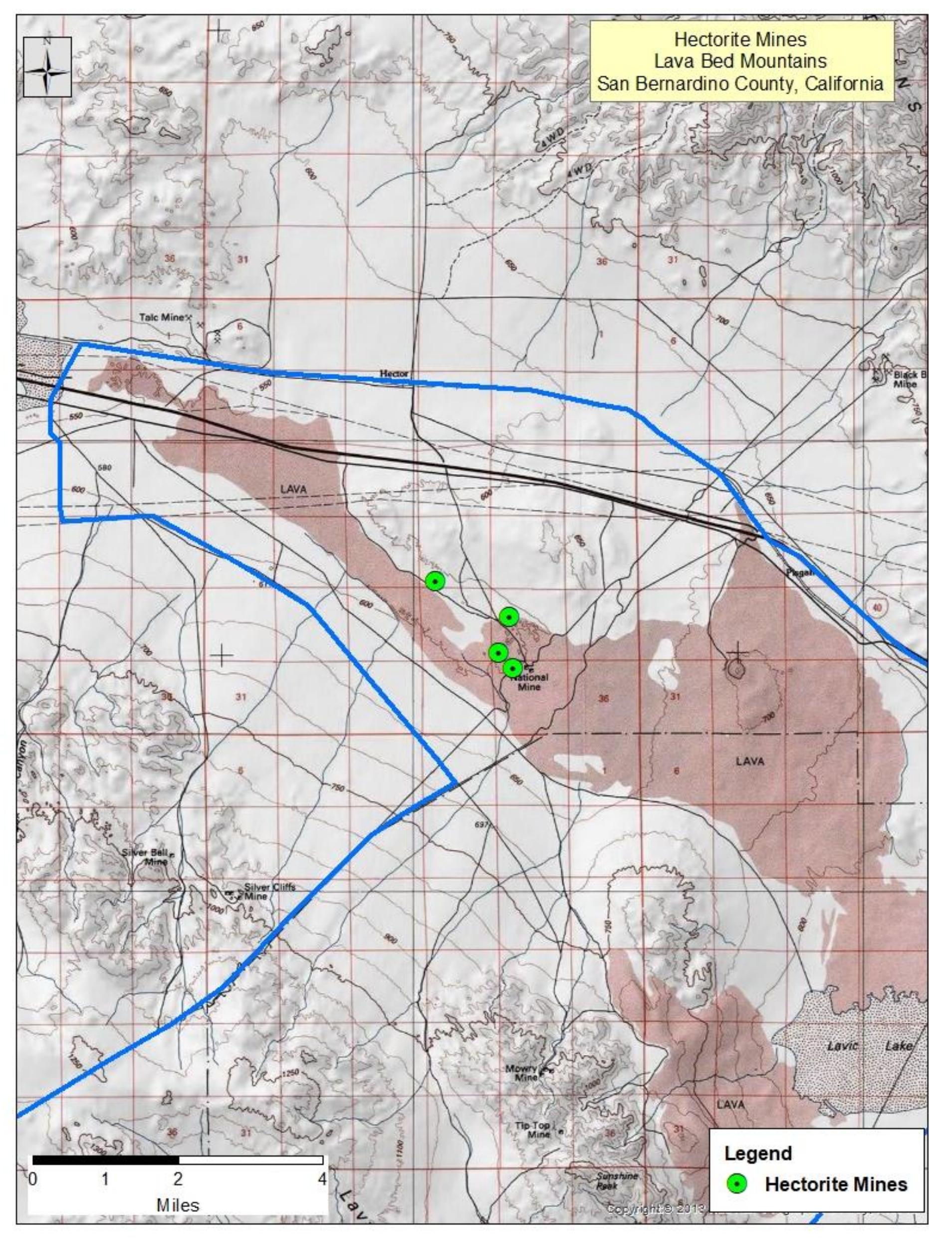 Regional topographic map of the hectorite mines and