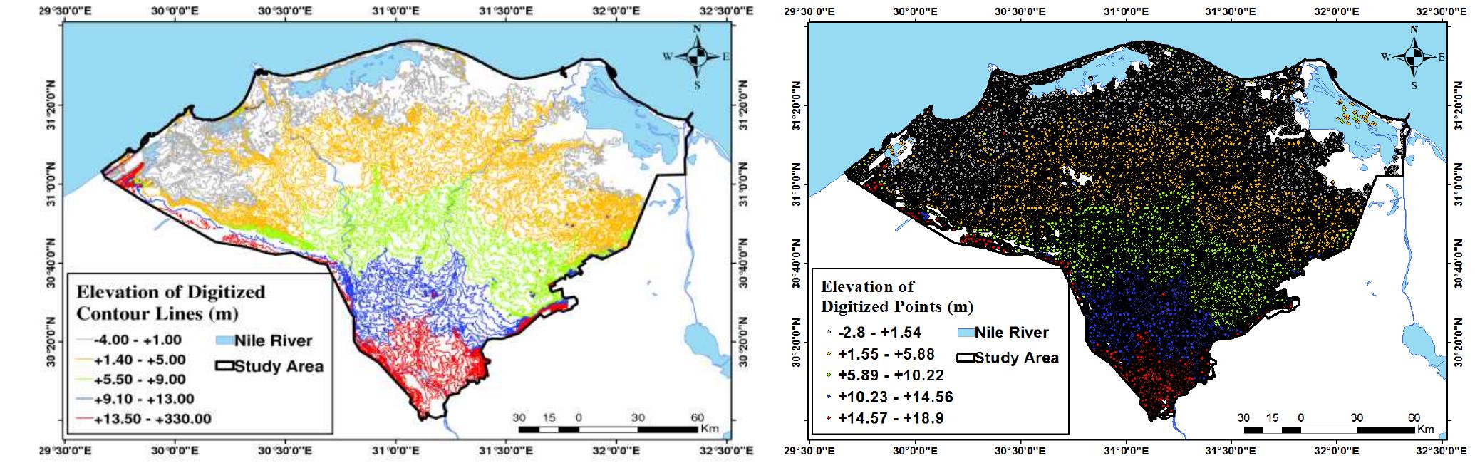 The digitized contour lines (left), elevation points (right)