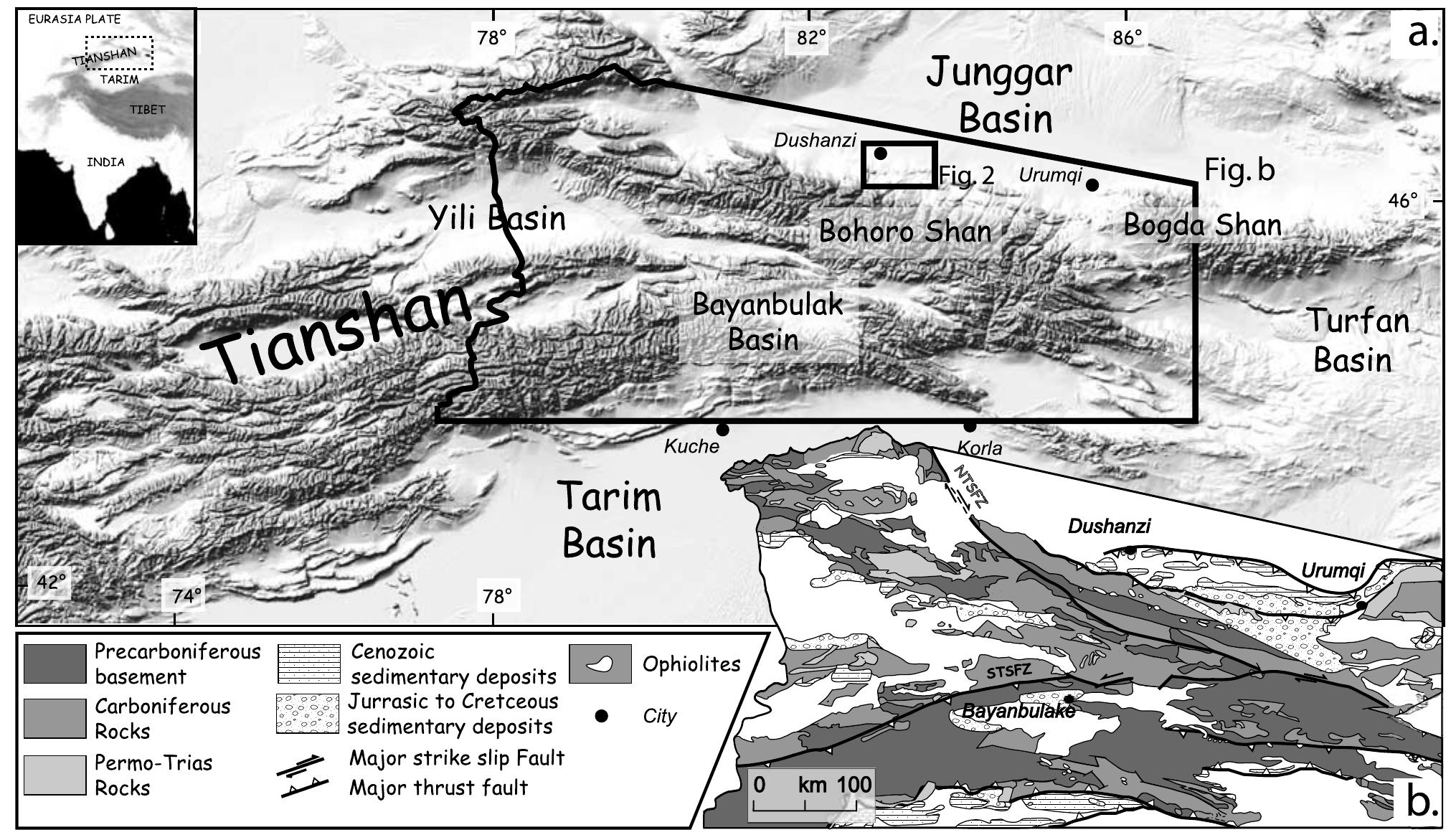 (a) topographic map of central asia. (b) geological map of