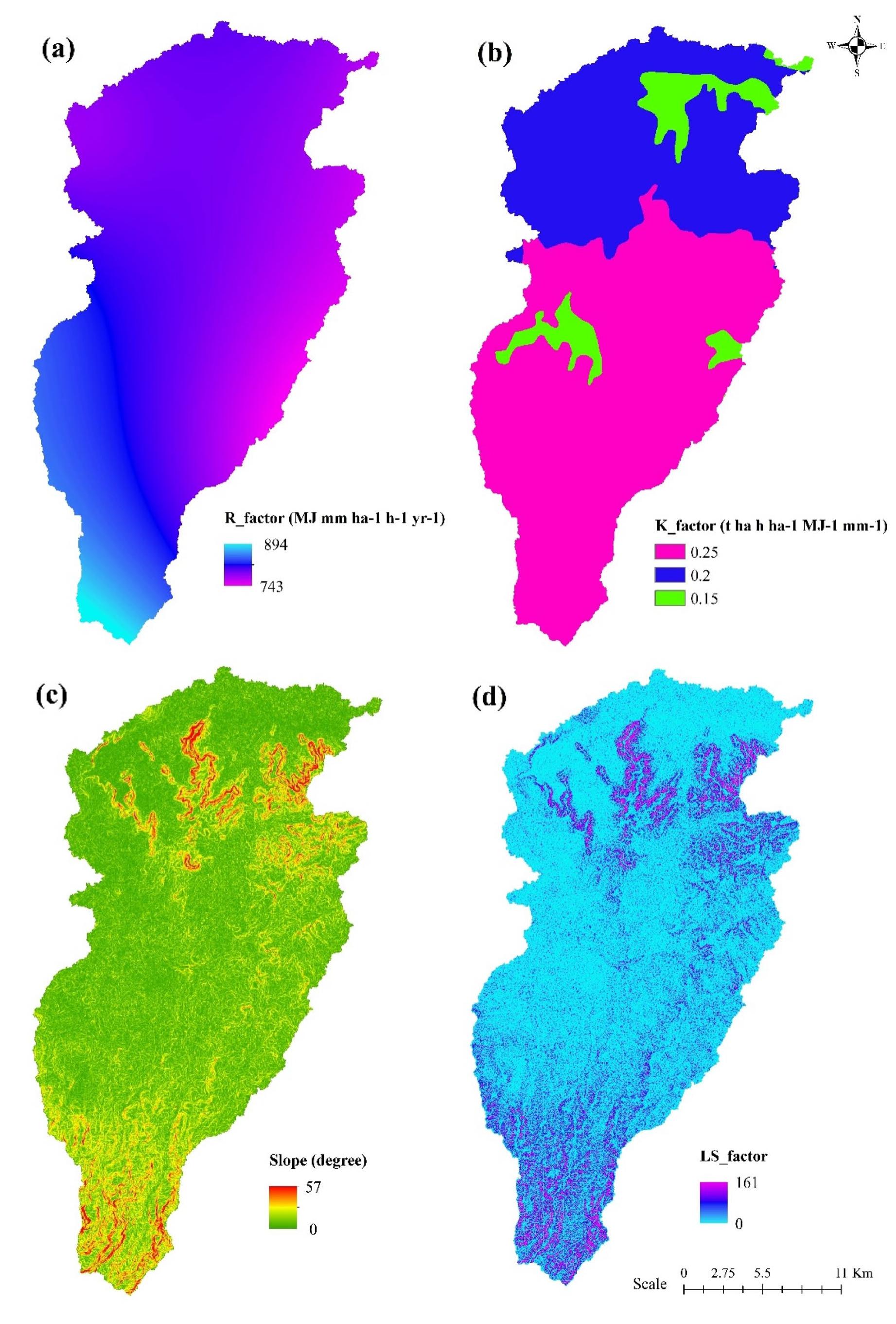 The r-factor (a), k-factor (b), slope (c) and ls-factor (d)