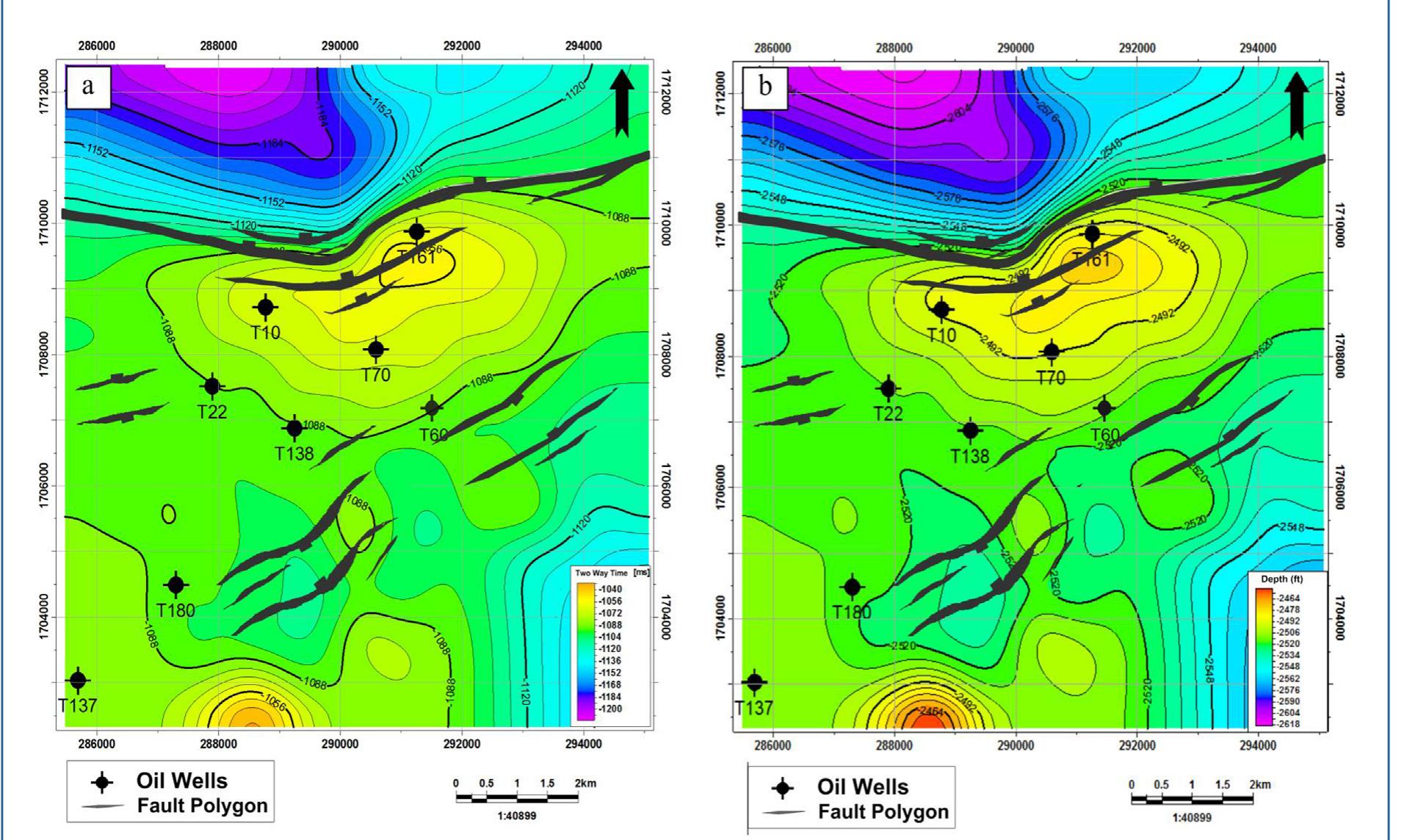 A) twt structural map, and b) depth structural map of upper