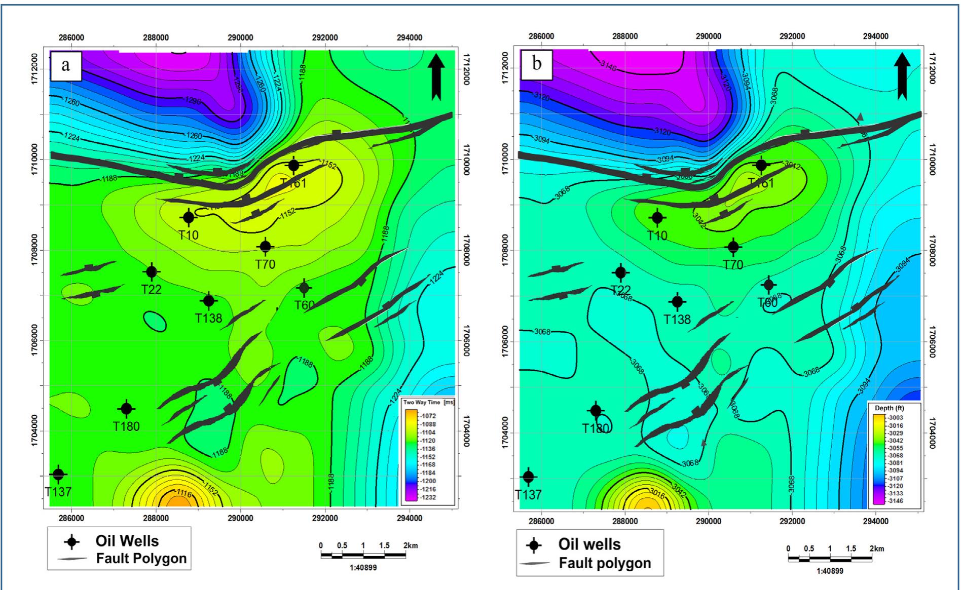 A) twt structural map, and b) depth structural map of saar
