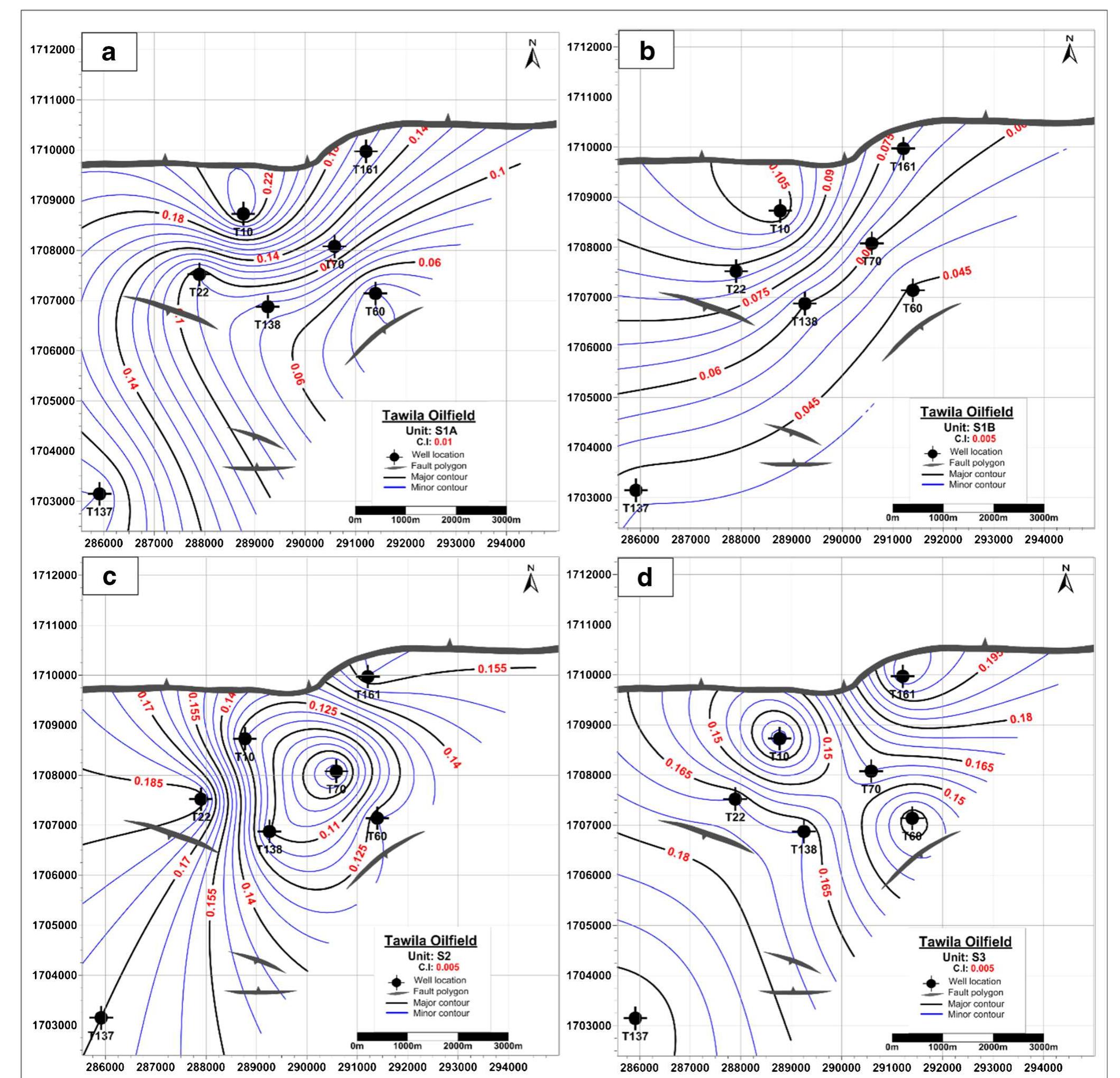 A-—d effective porosity distribution maps for the upper