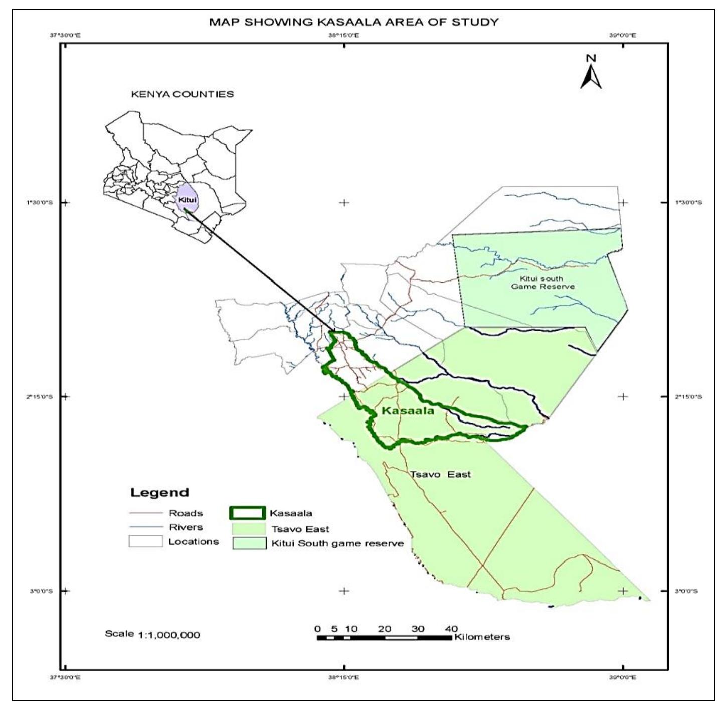 Map showing kasaala location of kitui county. international
