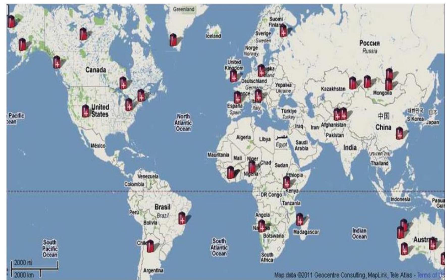 | the world map showing selected areas (symbol) of coltan