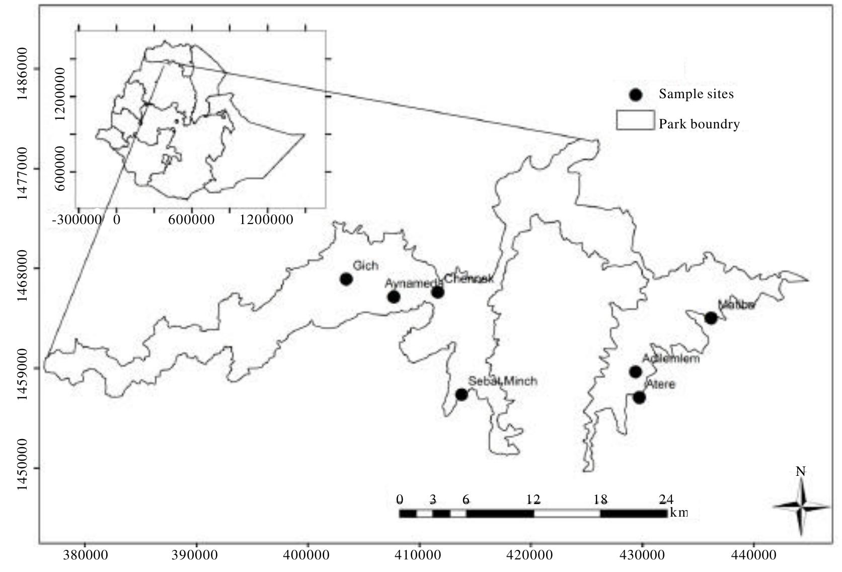 Map of the simien mountains national park and the study
